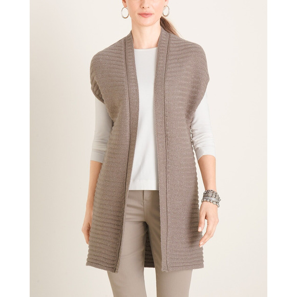 Chico's | Jackets & Coats | Chicos Nwot Taupe Shimmer Ribdetail Openfront Longline Sweater Vest ...